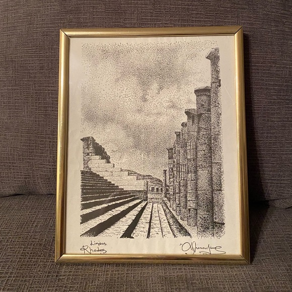 Vintage | Art | Vtg Lindos Rhodes Acropolis Greece Pencil Sketch Framed ...